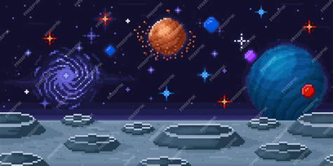 픽셀 아트 행성 표면 공간 아케이드 8비트 비디오 게임 위치 달 풍경과 은하 하늘 벡터 배경 그림 프리미엄 벡터