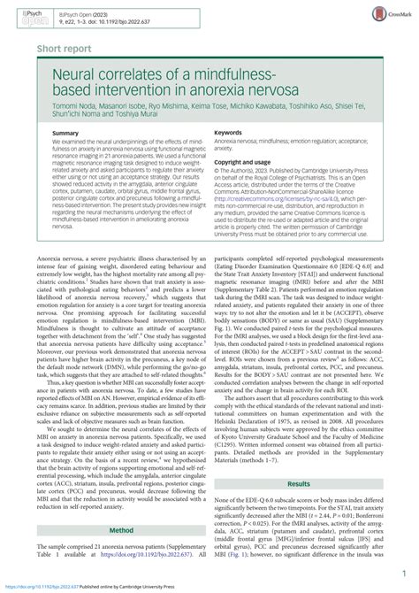 Pdf Neural Correlates Of A Mindfulness Based Intervention In Anorexia Nervosa