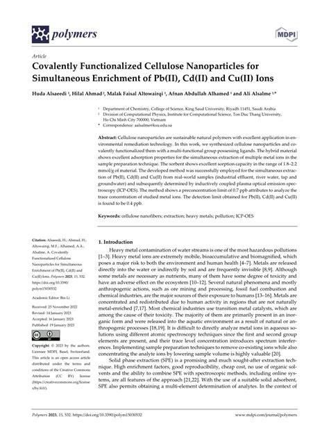 Pdf Covalently Functionalized Cellulose Nanoparticles For Simultaneous Enrichment Of Pbii