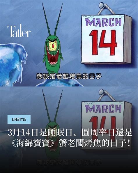 Tatler Taiwan ｜tatler Lifestyle｜圖片有聲音！ 今天3月14日不僅是「世界睡覺日」、「圓周率日」、「愛因斯坦生日」、「白色情人節」，還是《海綿寶寶》中的「蟹