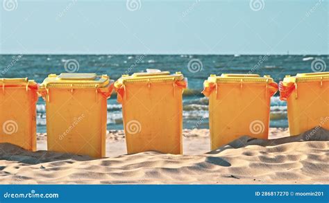 Row Of Plastic Garbage Bins Deployed On Seashore Beach Sand Stock Footage Video Of Food Junk