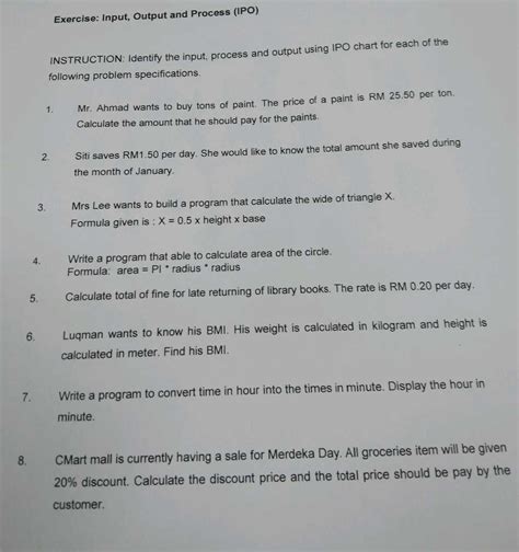 Exercise Input Output And Process IPO StudyX