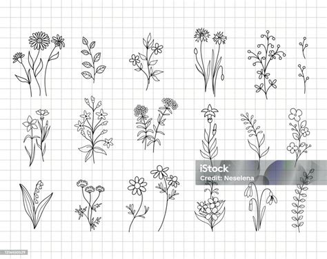 야생화 간단한 디자인 번들 최소한의 여름 봄 장식 실루엣 벡터 플랫 일러스트 파일을 절단합니다 소프트웨어를 절단하는 데 적합합니다 크리컷 실루엣 카네이션에 대한 스톡 벡터
