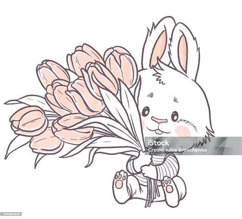 귀여운 만화 흰 토끼가 앉아서 그의 발에 봄 튤립의 거대한 꽃다발을 들고 라인 아트 0명에 대한 스톡 벡터 아트 및 기타 이미지 0명 4월 공휴일 Istock
