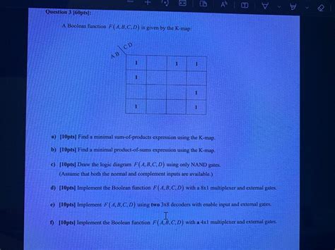 Solved A Boolean Function Fabcd Is Given By The K Map
