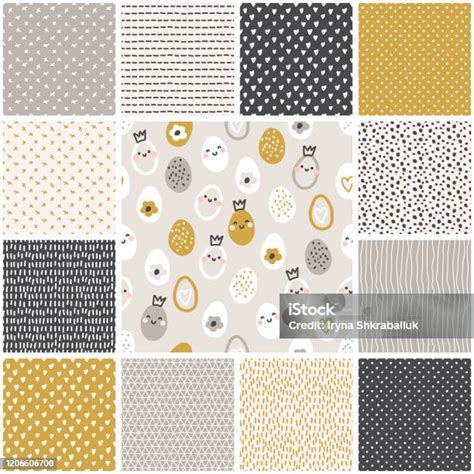 계란의 손으로 그린 만화 캐릭터와 유치한 부활절 원활한 패턴의 귀여운 세트 순진한 예술 낙서 스타일의 창조적 인 봄 디자인 부활제에 대한 스톡 벡터 아트 및 기타 이미지