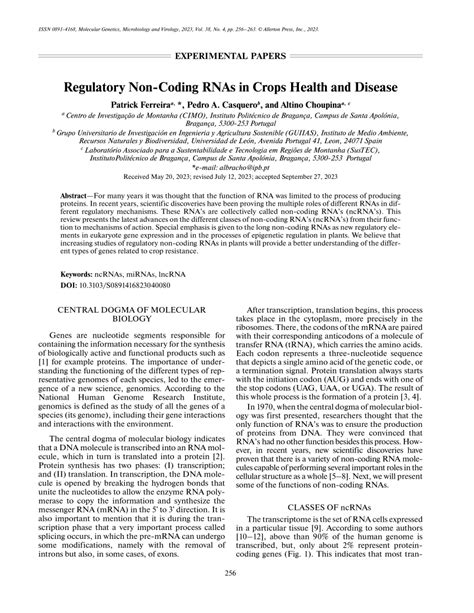 Pdf Regulatory Non Coding Rnas In Crops Health And Disease