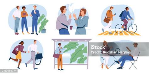 직장인 장면 야외 활동에서 회사 직원 집합입니다 직원의 일과 버스를 기다리는 사업가 담배를 피우는 사람 회의에 서두르는 사람들