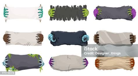 현수막을 들고 있는 괴물들의 손 캐릭터 발 양피지 두루마리 나무 판자와 돌판 만화 벡터 디자인의 천 조각을 들고 있는 발톱이 있는 소름 끼치는 손가락 몬스터에 대한 스톡