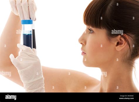 Beautiful Female Lab Worker Holding Up Test Tubes Stock Photo Alamy