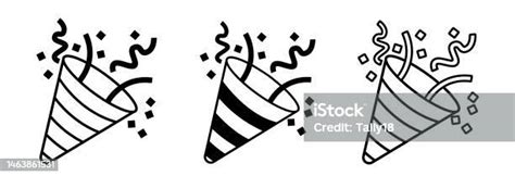 리본과 색종이 조각이 있는 파티 포퍼 아이콘 요소를 축하하고 축하하십시오 색종이 로고 벡터 파티 포퍼 세트 폭발하는 크래커 아이콘입니다 검은색에 대한 스톡 벡터 아트 및