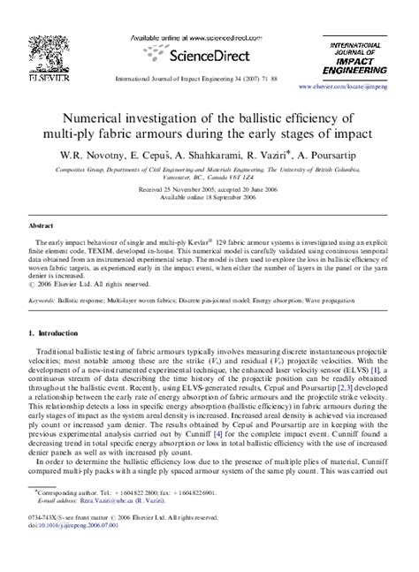 Pdf Numerical Investigation Of The Ballistic Efficiency Of Multi Ply Fabric Armours During The