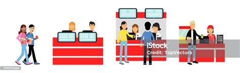 팝콘을 들고 시네마 극장에서 3d 안경 벡터 세트를 착용한 행복한 사람들 3차원 형태에 대한 스톡 벡터 아트 및 기타 이미지 3차원 형태 개념 계산원 Istock