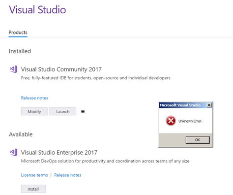 Unknown Error When Launching Visual Studio 2017 Community After