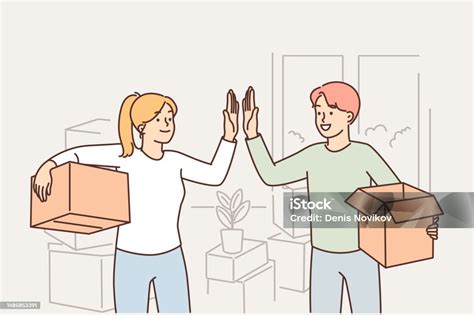 새 집으로 이사하고 상자를 들고 서로에게 하이파이브를 하는 행복한 부부 개념에 대한 스톡 벡터 아트 및 기타 이미지 개념 긍정적인 감정 표현 남자 Istock