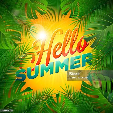안녕하세요 여름 일러스트 와 타이포그래피 편지 와 태양 노란 배경에 열대 잎 이국적인 식물 꽃 선글라스 배너 플라이어 초대장 브로셔 포스터 또는 인사말 카드에 대 한 벡터