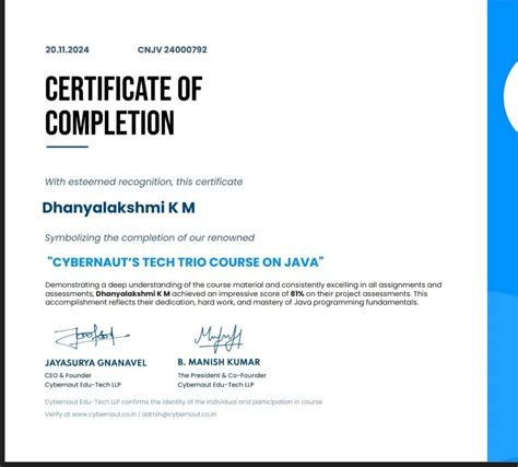 Java Programming Certification Cybernaut Learning Coding Dhanyalakshmi Km