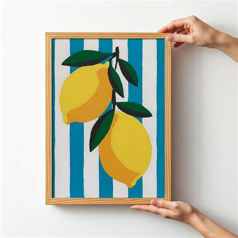 Lemons Fruit And Blue Stripes Art Print Digital Art Print Modern Wall