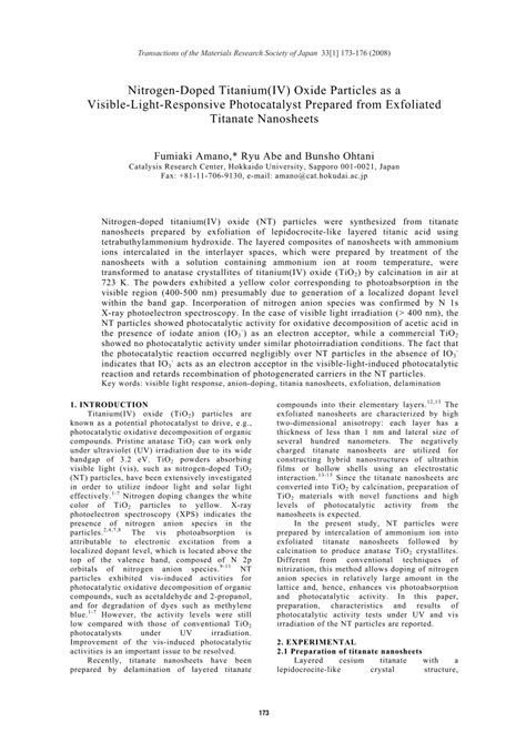 Pdf Nitrogen Doped Titanium Iv Oxide Particles As A Visible Light Responsive Photocatalyst
