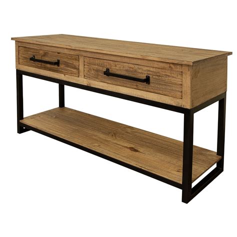 Benjara Tuba 55 Inch Sofa Table Console Drawers Open Shelf Iron Brown Pine Wood