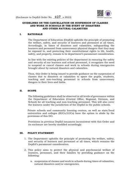 Deped Order No 37 S 2022 Or The Guidelines On The Cancellation Or Suspension Of Classes And