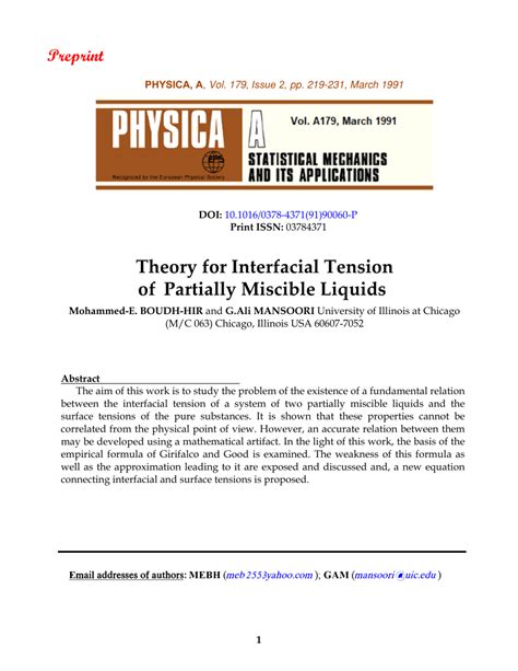 Pdf Theory For Interfacial Tension For Partially Miscible Liquids