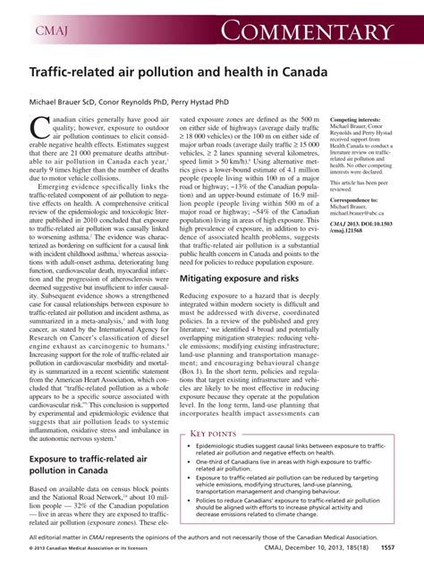 Pdf Traffic Related Air Pollution And Health In Canada