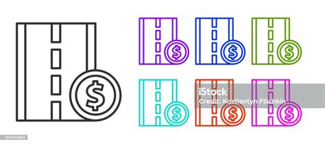 검은 선 유료 도로 교통 표지판입니다 흰색 배경에 격리된 표지판 아이콘입니다 포인터 기호입니다 거리 정보 표지판 방향 기호입니다 다채로운 아이콘을 설정합니다 벡터