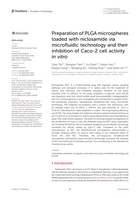 Pdf Preparation Of Plga Microspheres Loaded With Niclosamide Via Microfluidic Technology And