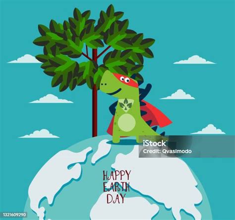 슈퍼 히어로 의상을 입고 재미있는 공룡 슈퍼 디노 바람에 흔들리는 망토와 함께 서 만화 슈퍼 히어로 해피 어스 데이 벡터