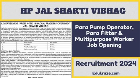 Para Pump Operator Para Fitter And Multipurpose Worker Recruitment 2024 At Hp Jal Shakti Vibhag