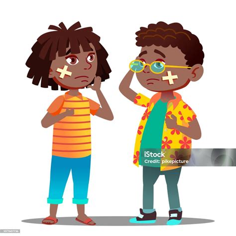 슬픈 검은 아프리카 미국 아이 소녀 소년 뺨 벡터에 스크래치와 의료 패치 크로스 교차 격리 된 만화 일러스트 레이 션 부상에 대한 스톡 벡터 아트 및 기타 이미지 Istock