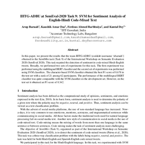 IIITG ADBU At SemEval Task SVM For Sentiment Analysis Of English Hindi Code Mixed Text