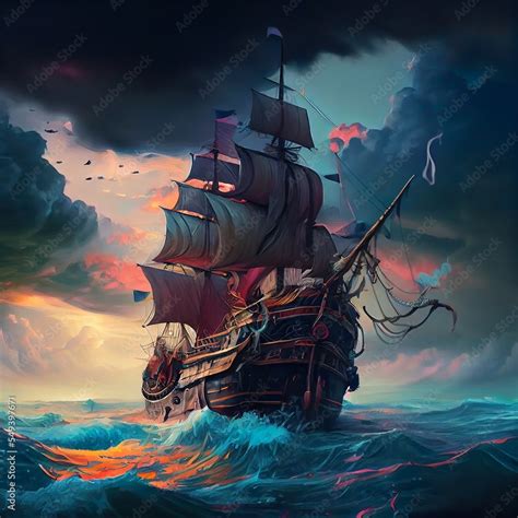 Fantasy Pirate Ship On Ocean A Spaceship In Space Illustration With Cloud Water Stock