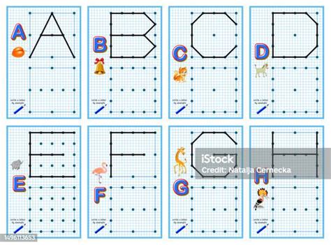 정사각형 종이에 어린 아이들을 위한 교육 페이지 세트 점들을 연결하십시오 예를 들어 알파벳 문자를 그립니다 작문 능력 개발 어린이 학교 교과서에 대한 인쇄 가능한 워크 시트