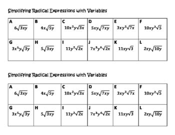 Algebra VersaTiles Card Sort Simplifying Radical Expressions With Variables