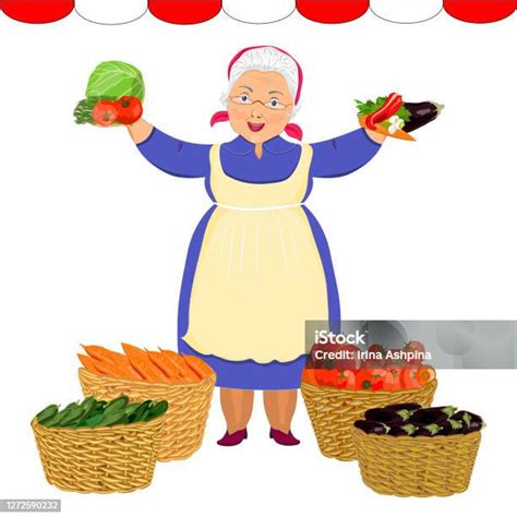 스카프 안경 앞치마를 입은 할머니 야채와 농민 시장 바구니에 야채를 판매합니다 벡터 가지 채소에 대한 스톡 벡터 아트 및 기타 이미지 Istock