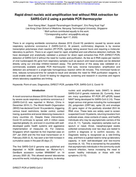 Pdf Rapid Direct Nucleic Acid Amplification Test Without Rna Extraction For Sars Cov 2 Using A