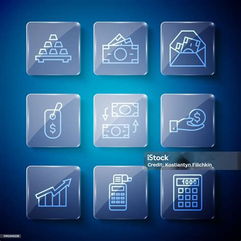 라인 재정 성장 증가 금전 등록기 계산기 달러 기호가 있는 봉투 환전 가격표 금괴 및 손 기부 돈 아이콘 벡터 계산원에 대한