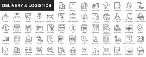 배달 및 물류 웹 아이콘은 얇은 선 디자인으로 설정됩니다 특급 항공 선박 주문 처리 택배 지불 소포 보호 창고 화물 및 기타 팩 벡터 윤곽선 획 픽토그램 공급망에 대한 스톡