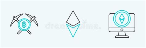 Set Line Monitor And Cryptocurrency Coin Ethereum Eth Crossed Pickaxe
