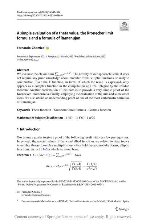 Pdf A Simple Evaluation Of A Theta Value The Kronecker Limit Formula And A Formula Of Ramanujan