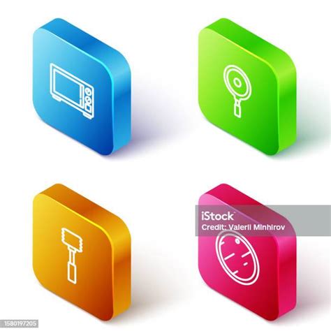 아이소메트릭 라인 전자레인지 프라이팬 주방 망치 및 도마 아이콘을 설정합니다 벡터 3차원 형태에 대한 스톡 벡터 아트 및 기타 이미지 3차원 형태 가정 생활 가정