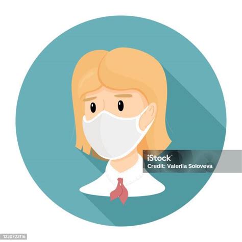 의료 용 마스크에 여자와 아이콘입니다 젊은 비즈니스 여자 금발 유럽 의 모습 건강을 유지하고 마스크를 착용하고 코로나바이러스로부터 자신을 보호하십시오 색상 벡터 그림입니다