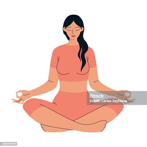 여자는 연꽃 자세에 앉아 명상 단단한 요가 정장을 입은 여성 자기 치료의 벡터 일러스트 흰색 배경에 고립 된 이완 Mental