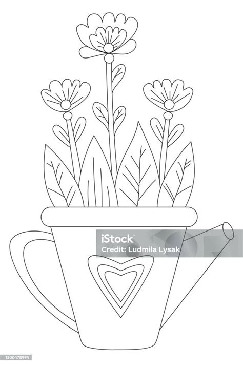 물 수 의 형태로 냄비에 봄 꽃 벡터 도면입니다 검은 선 윤곽선 흰색 배경입니다 하우스플랜트 인쇄물 장식 및 디자인화 인쇄 장식 및 엽서용 화분 Sketch Comedy에