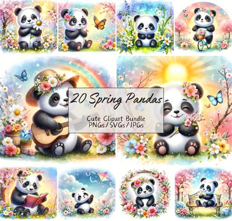 Cute Spring Pandas Clipart Bundle Watercolor Clip Art Images High