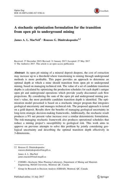 Pdf A Stochastic Optimization Formulation For The Transition From Open Pit To Underground Mining