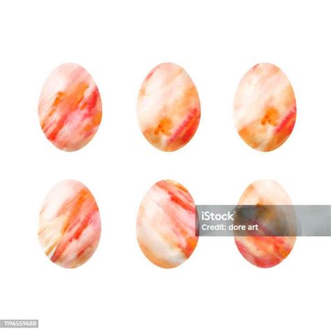 추상적 인 패턴오렌지와 빨간색 타원형 휴일 계란 흰색 배경에 대리석 질감이있는 수채화 부활절 달걀 세트입니다 개체 그룹에 대한 스톡 벡터 아트 및 기타 이미지 Istock