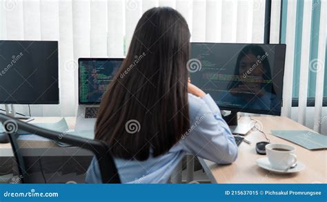 Asian Woman Programmer Typing Source Code With Computer Pc For Developing Program Or Application